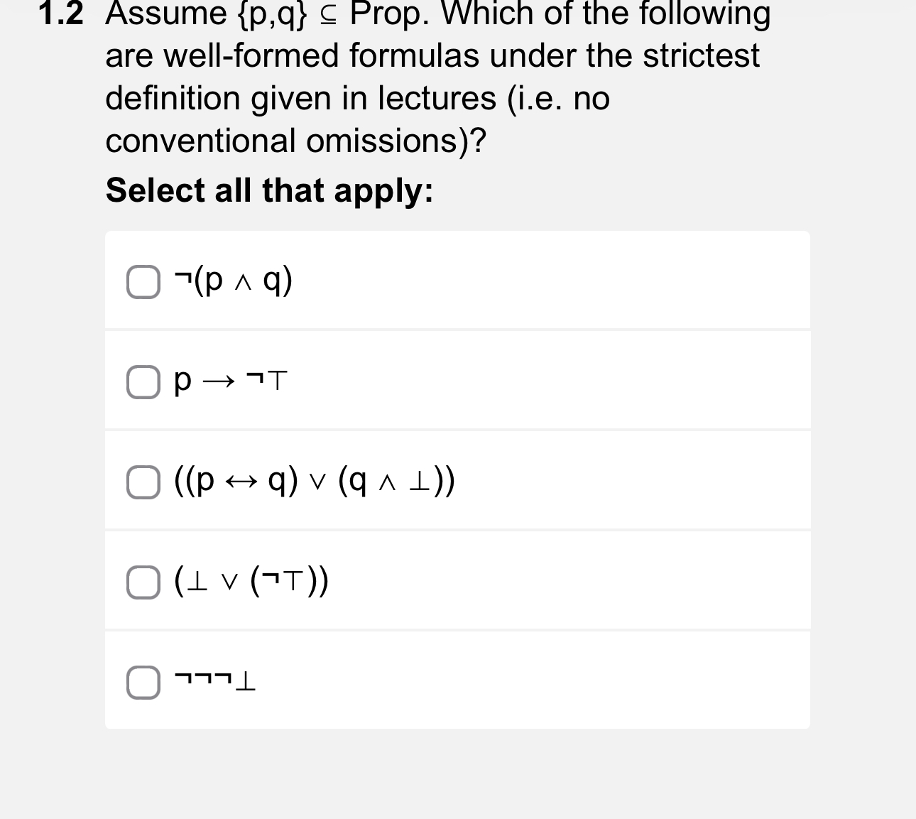 Solved 1.2 ﻿Assume {p,q}sube ﻿Prop. Which of the following | Chegg.com
