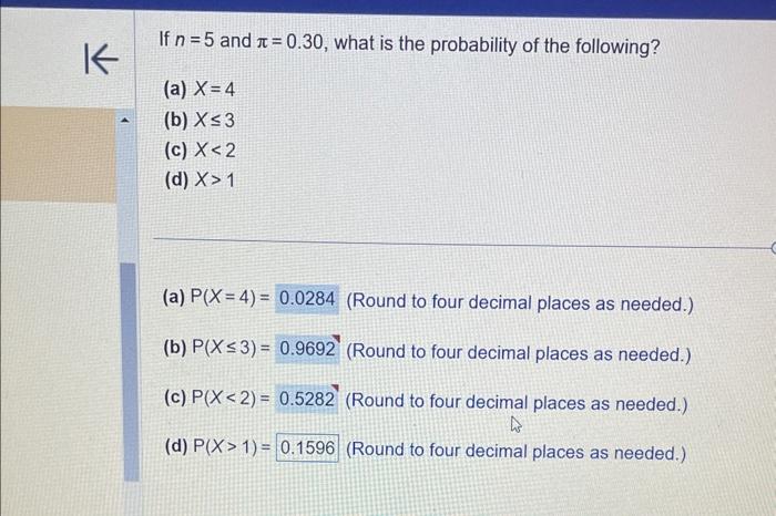 Solved If n=5 and π=0.30, what is the probability of the | Chegg.com