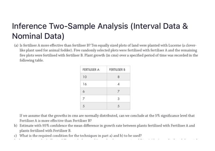 Inference Two-Sample Analysis (Interval Data \& | Chegg.com