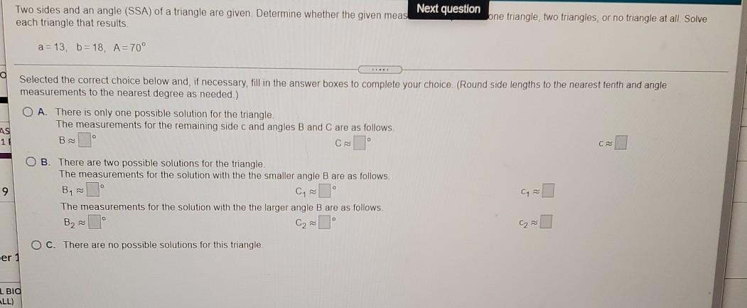 Solved Next question Two sides and an angle (SSA) of a | Chegg.com