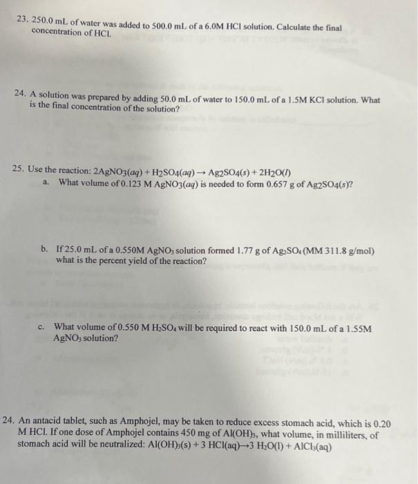 Solved 23. 250.0 mL of water was added to 500.0 mL of a | Chegg.com