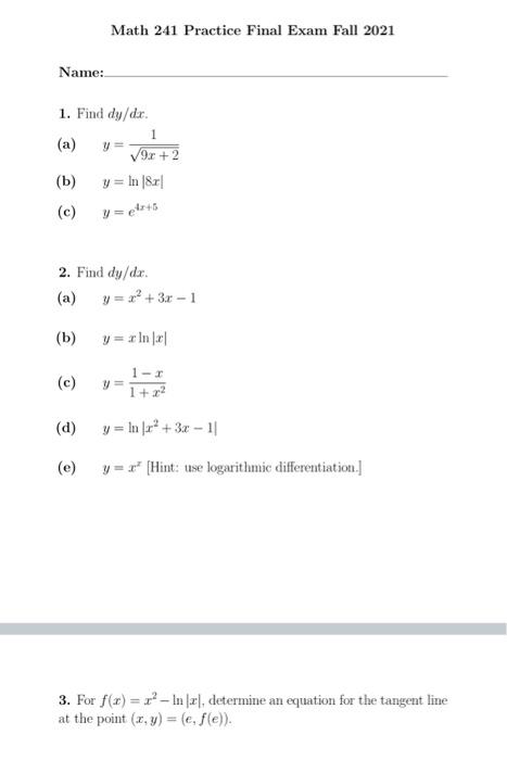 Solved Math 241 Practice Final Exam Fall 2021 Name: 1. Find | Chegg.com