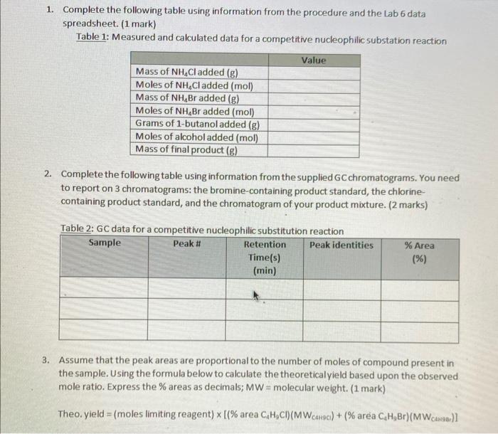 Solved 1. Complete the following table using information | Chegg.com