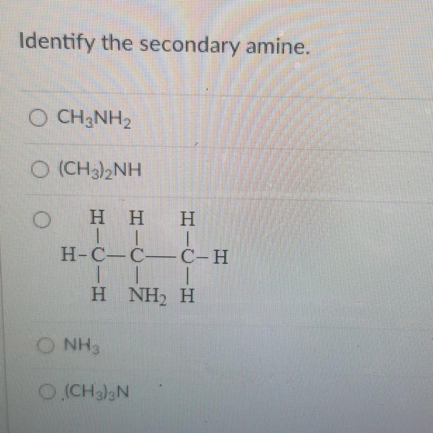 Solved Identify the secondary amine. O CH3NH2 O (CH3)2NH 0 H | Chegg.com