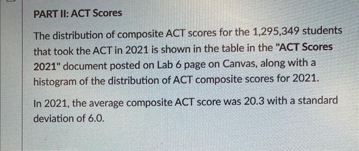 Solved PART II: ACT Scores The distribution of composite ACT | Chegg.com