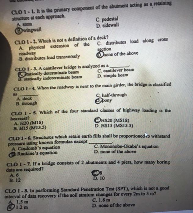 Solved CLO 1−1.B is the primary component of the abutment | Chegg.com