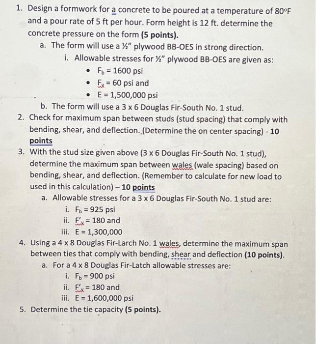 Solved 1. Design a formwork for a concrete to be poured at a | Chegg.com