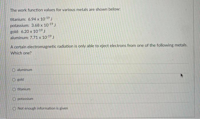 Solved The work function values for various metals are shown | Chegg.com