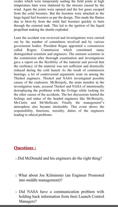 Solved THE CHALLENGER CASE STUDY The world has known about | Chegg.com