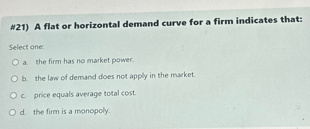 Solved #21) ﻿A flat or horizontal demand curve for a firm | Chegg.com
