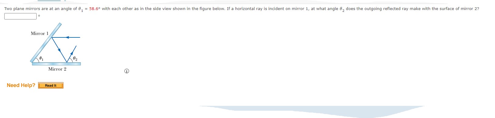 Solved Two plane mirrors are at an angle of 𝜃1 = 58.6\deg | Chegg.com