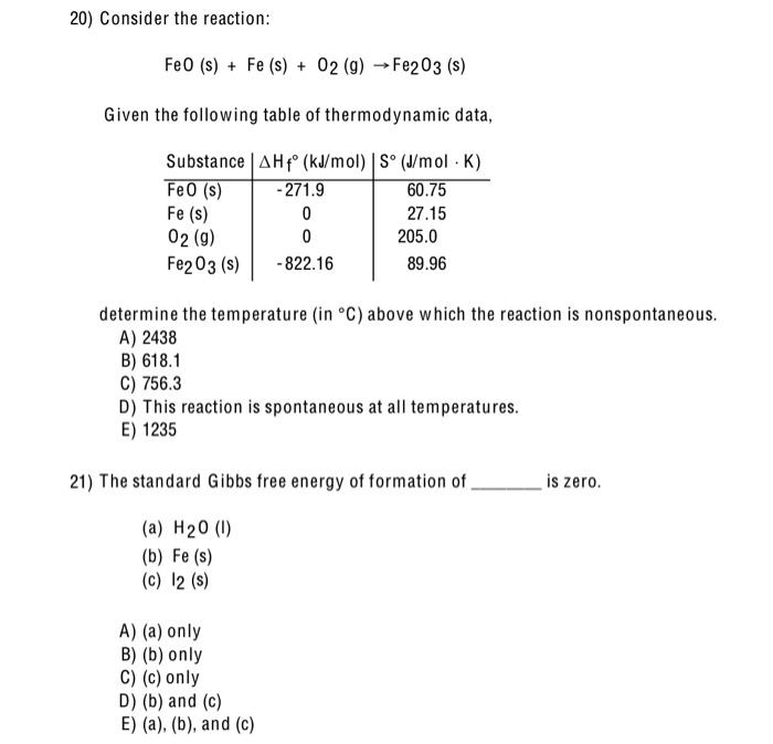 Solved 20) Consider the reaction: FeO(s)+Fe(s)+O2( g)→Fe2O3( | Chegg.com