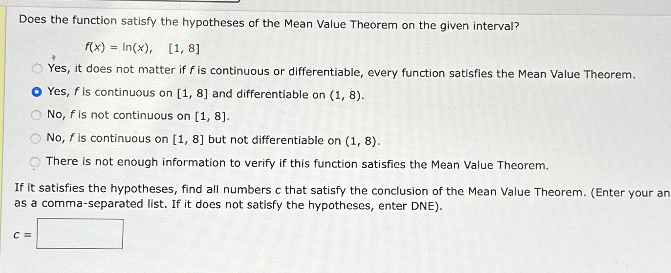 Solved Does the function satisfy the hypotheses of the Mean | Chegg.com