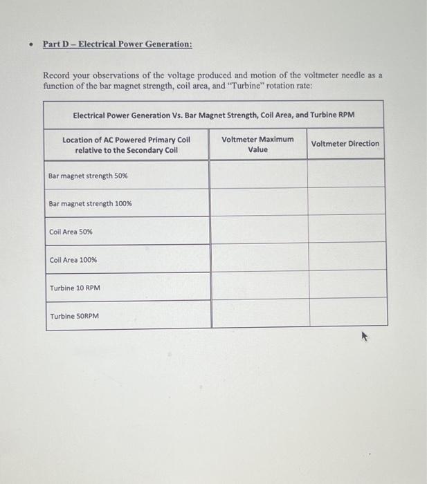 Solved Part D - Electrical Power Generation: Record your | Chegg.com