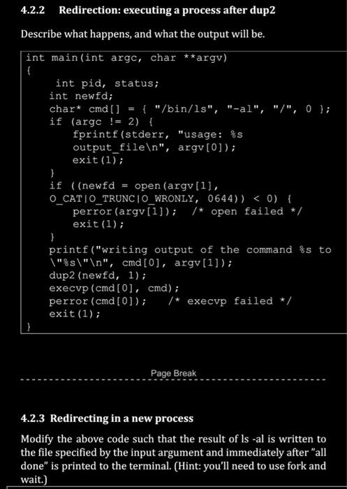 Solved 4.2.2 Redirection: executing a process after dup2 | Chegg.com
