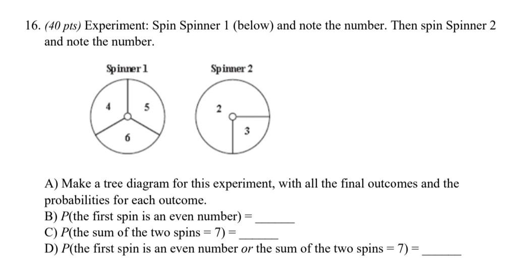 Solved 6. (40 pts) Experiment: Spin Spinner 1 (below) and | Chegg.com