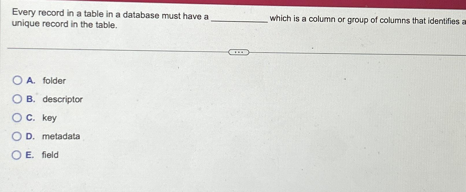 Solved Every record in a table in a database must have a | Chegg.com