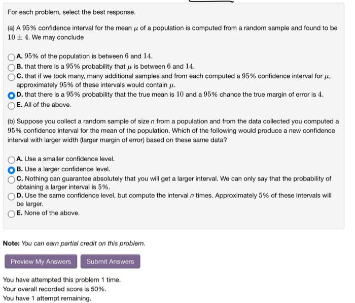 Solved (a) A 95% confidence interval for the mean μ of a | Chegg.com