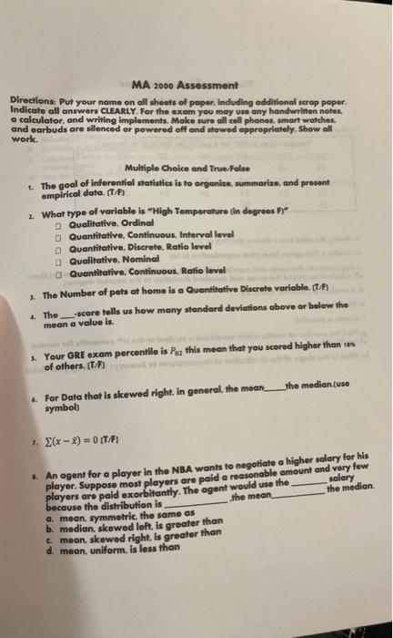 Solved MA 2000 Assessment Directions: Put your name on oll | Chegg.com