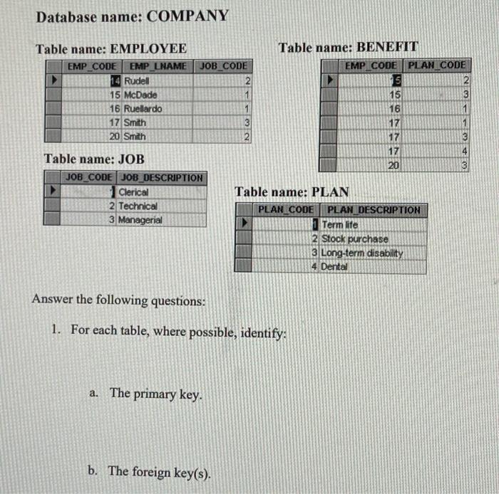 Solved Database name: COMPANY Table name: BENEFIT EMP CODE | Chegg.com