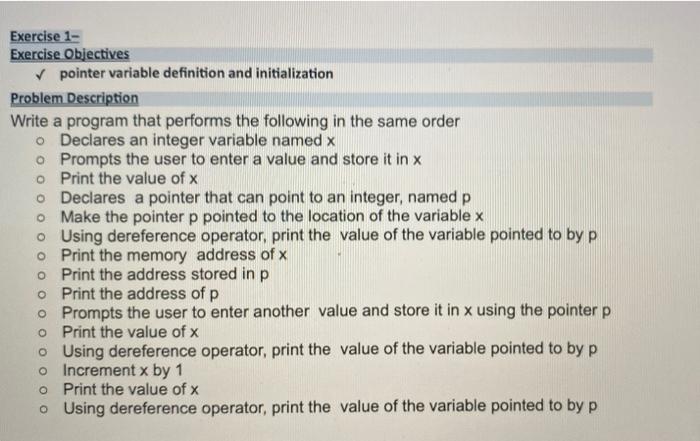 Solved Exercise 1- Exercise Objectives pointer variable | Chegg.com