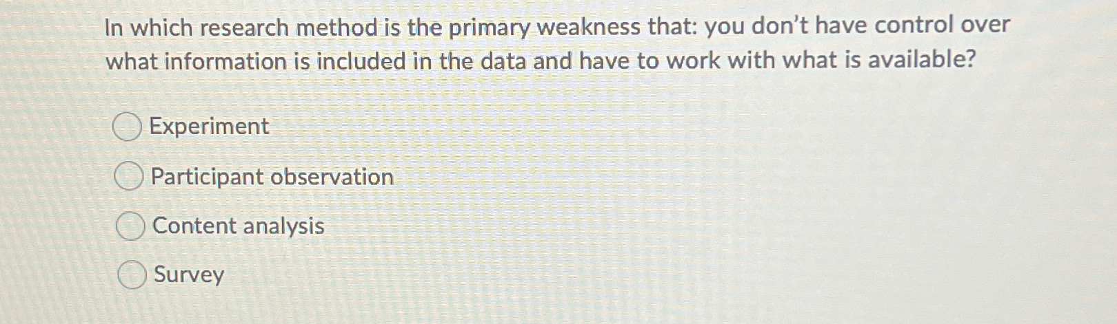 Solved In which research method is the primary weakness | Chegg.com