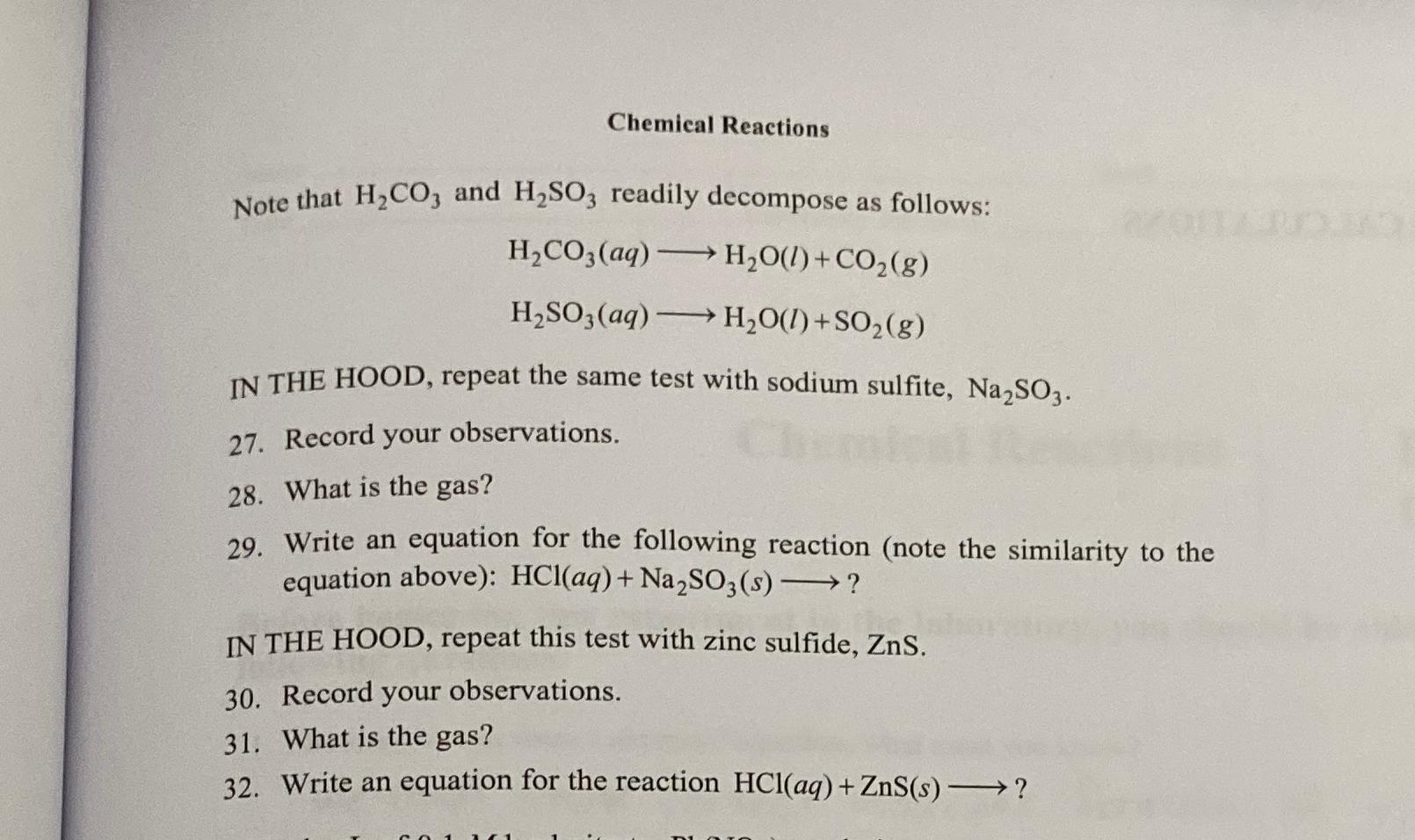 Solved Chemical ReactionsNote that H2CO3 ﻿and H2SO3 ﻿readily | Chegg.com