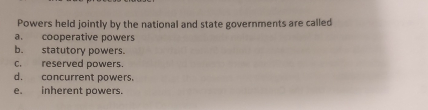 Solved Powers held jointly by the national and state | Chegg.com