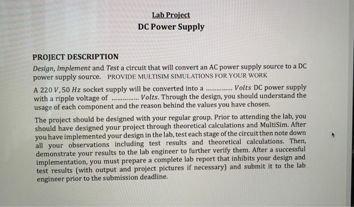 Solved Lab Project DC Power Supply *** PROJECT DESCRIPTION | Chegg.com
