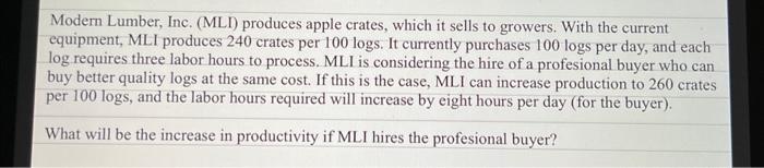 Solved Modern Lumber, Inc. (MLI) produces apple crates, | Chegg.com