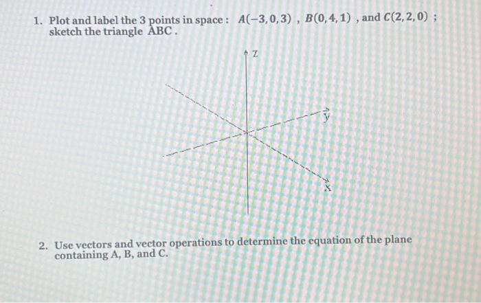 Solved 1. Plot and label the 3 points in space: A(-3,0,3), | Chegg.com