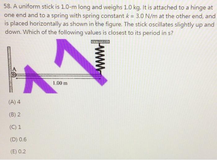 Solved 58. A uniform stick is 1.0-m long and weighs 1.0 kg. | Chegg.com