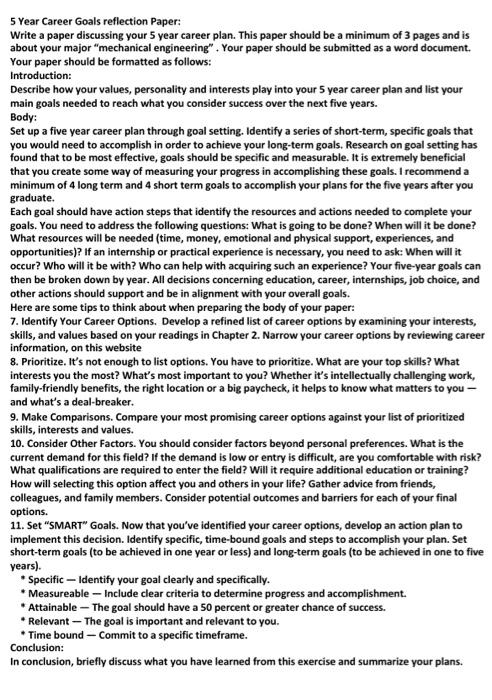 5 Year Career Goals reflection Paper: Write a paper | Chegg.com