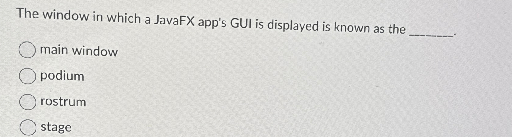 Solved The window in which a JavaFX app's GUI is displayed | Chegg.com