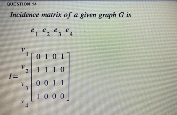 Solved QUESTION 14 Incidence matrix of a given graph G is e | Chegg.com
