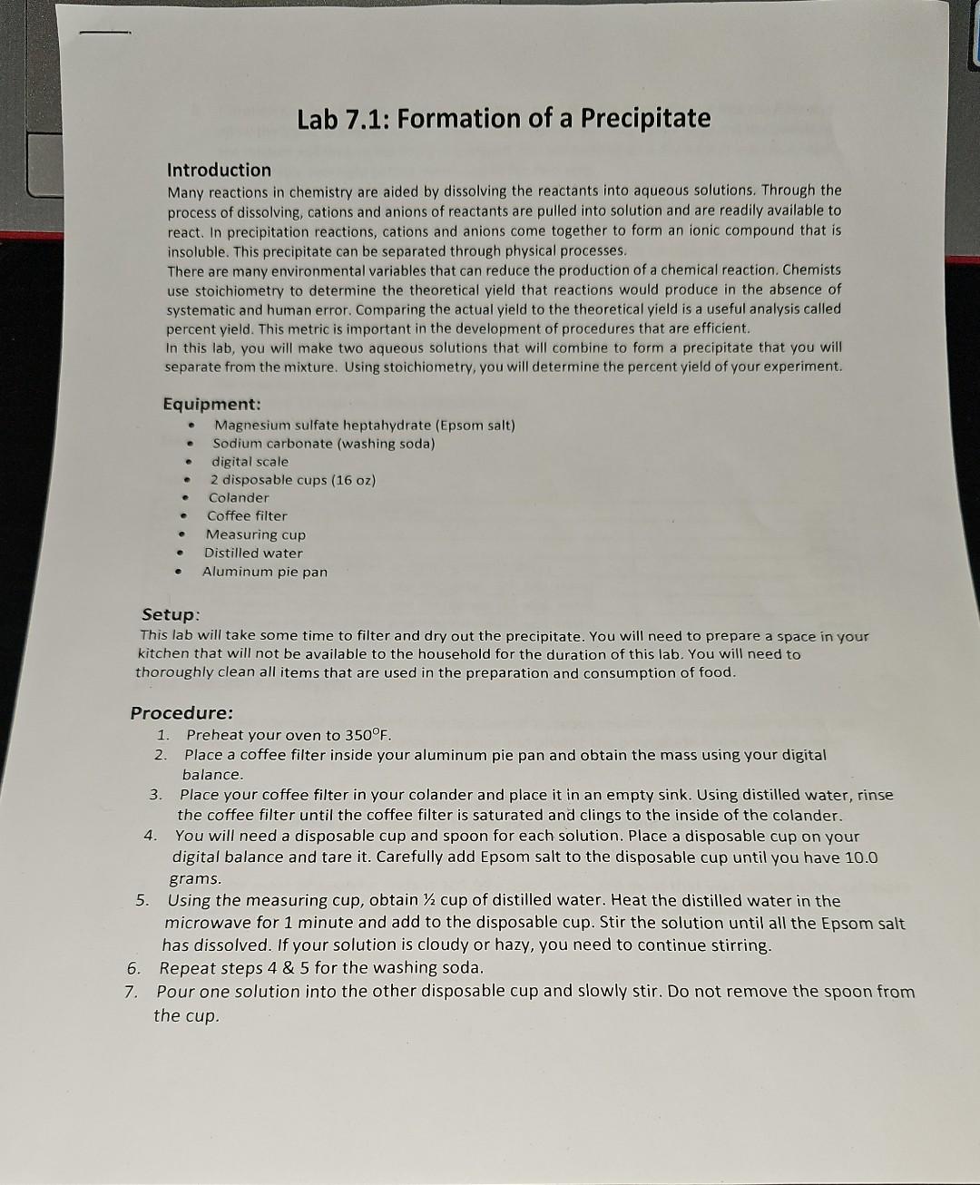 Lab 7.1: Formation of a Precipitate Introduction Many | Chegg.com