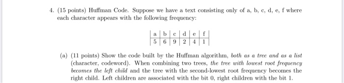 Solved 4. (15 points) Huffman Code. Suppose we have a text | Chegg.com