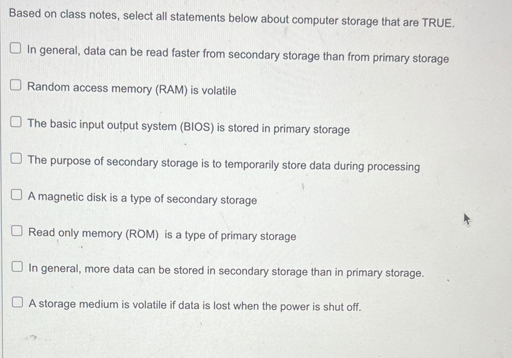 Solved Based on class notes, select all statements below | Chegg.com