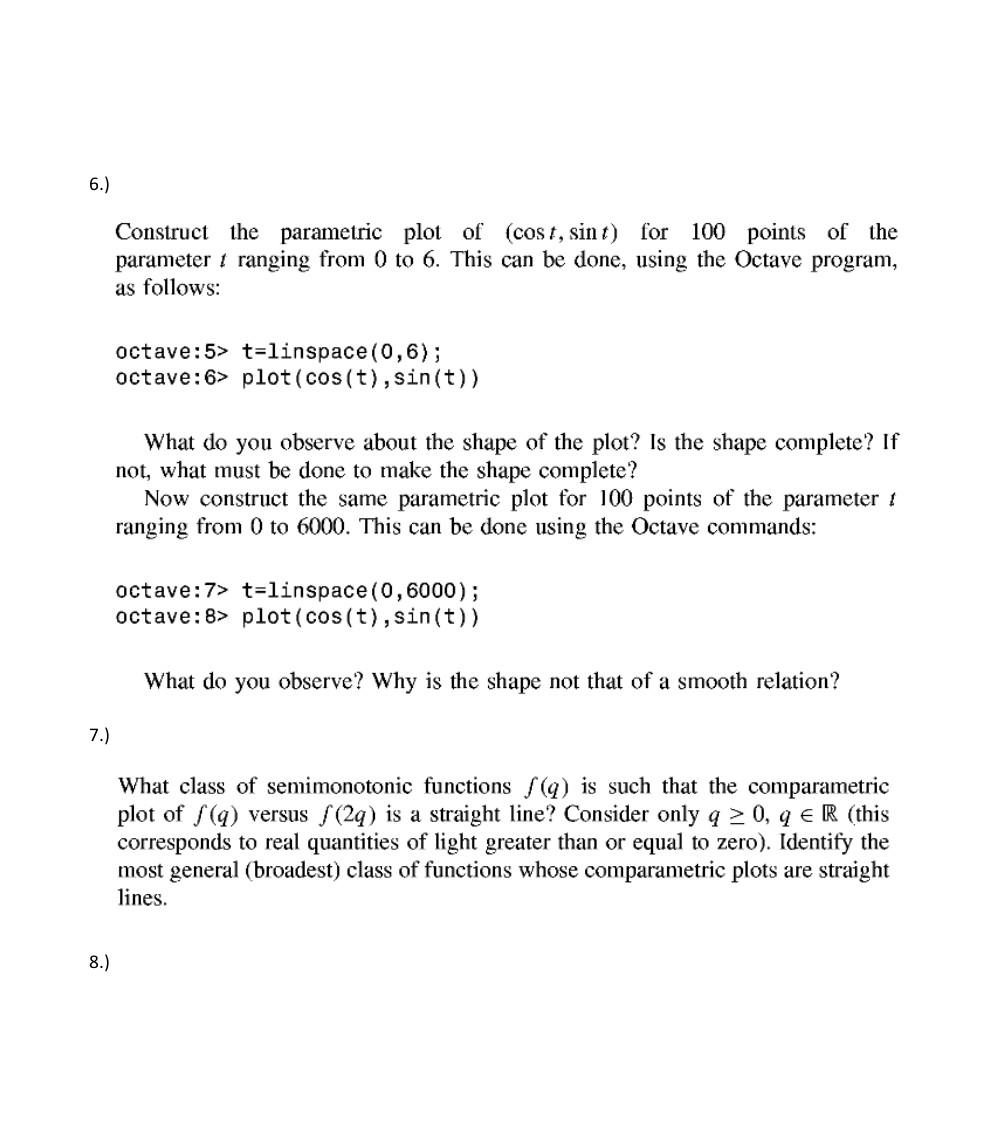 Solved 6.) Construct the parametric plot of (cost, sint) for | Chegg.com