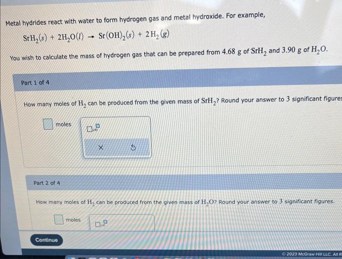 Solved Metal hydrides react with water to form hydrogen gas | Chegg.com