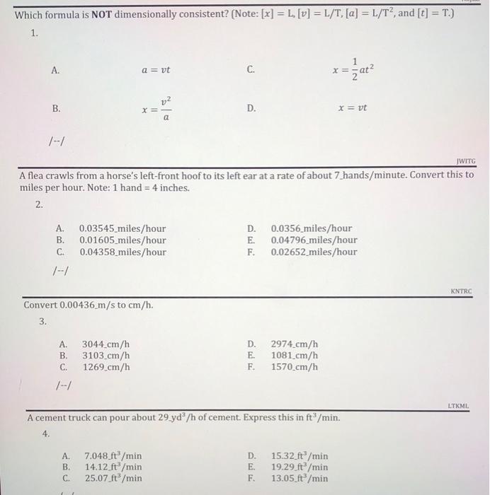 Solved Which formula is NOT dimensionally consistent? (Note: | Chegg.com
