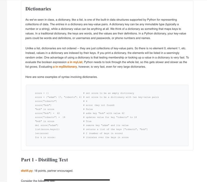 Dictionaries As we've seen in class, a dictionary, | Chegg.com