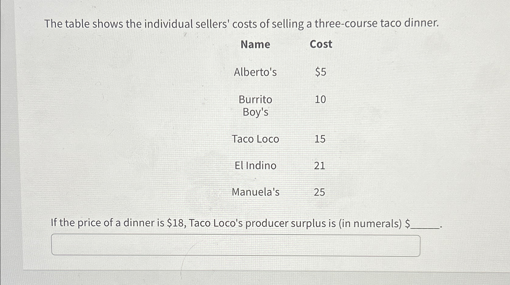 Solved The table shows the individual sellers' costs of | Chegg.com