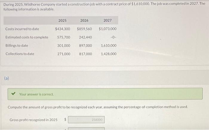 Solved During 2025, Wildhorse Company started a construction | Chegg.com