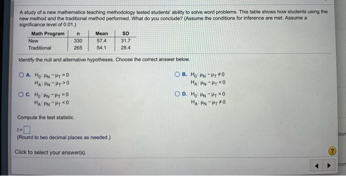 Solved SD A study of a new mathematics teaching methodology | Chegg.com