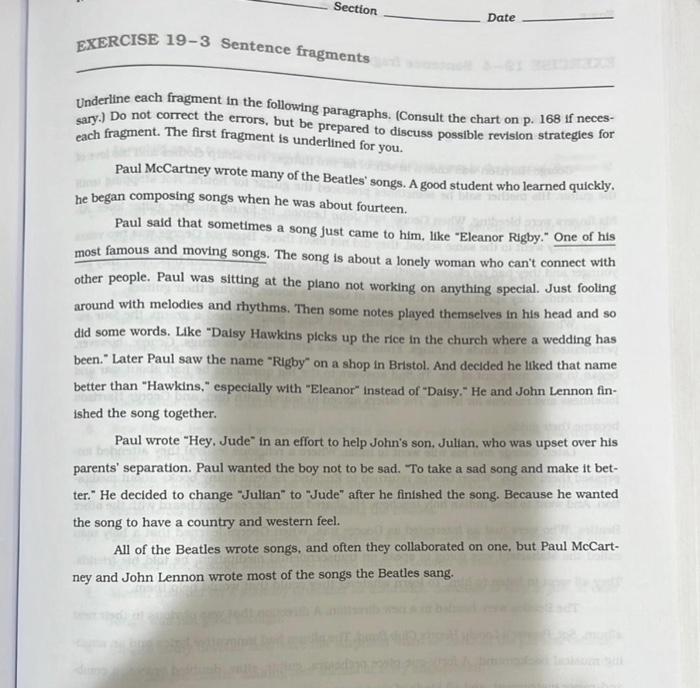 Underline each fragment in the following paragraphs. | Chegg.com