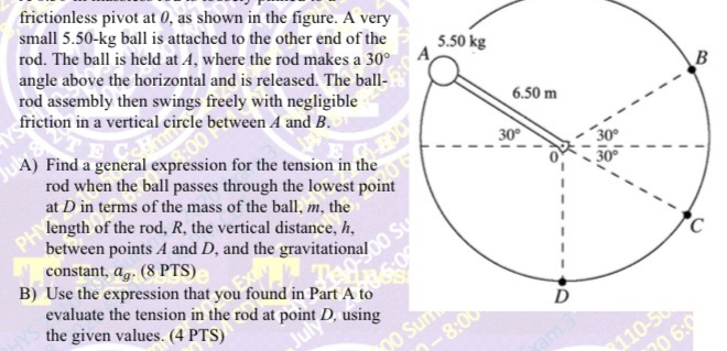 Solved 5.50 kg B 6.50 m 30° frictionless pivot at 0, as | Chegg.com