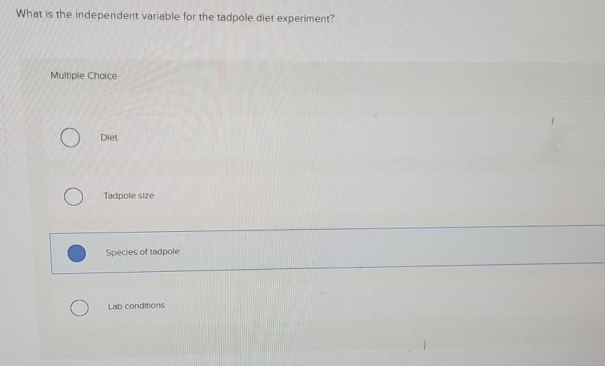 Solved What is the independent variable for the tadpole diet | Chegg.com