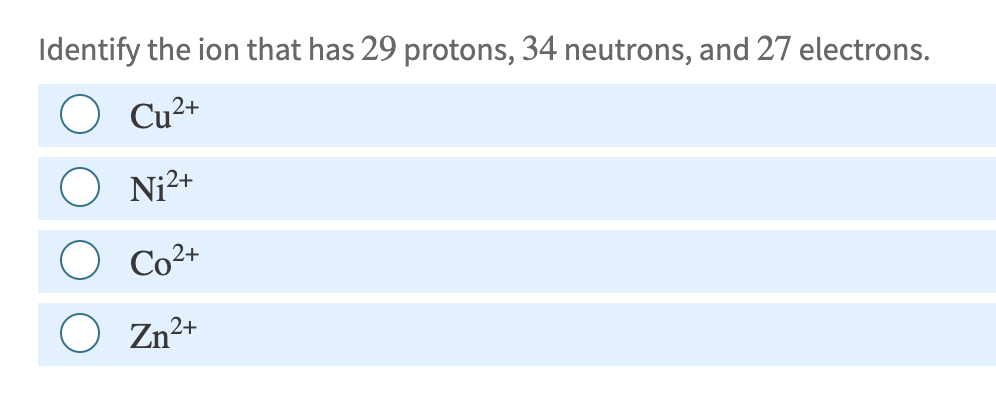 Solved Identify the ion that has 29 ﻿protons, 34 ﻿neutrons, | Chegg.com
