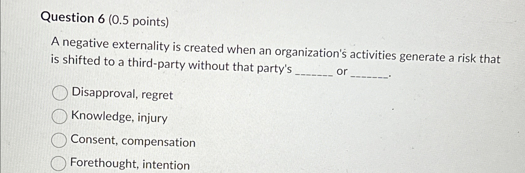 Solved Question 6 ( 0.5 ﻿points)A negative externality is | Chegg.com